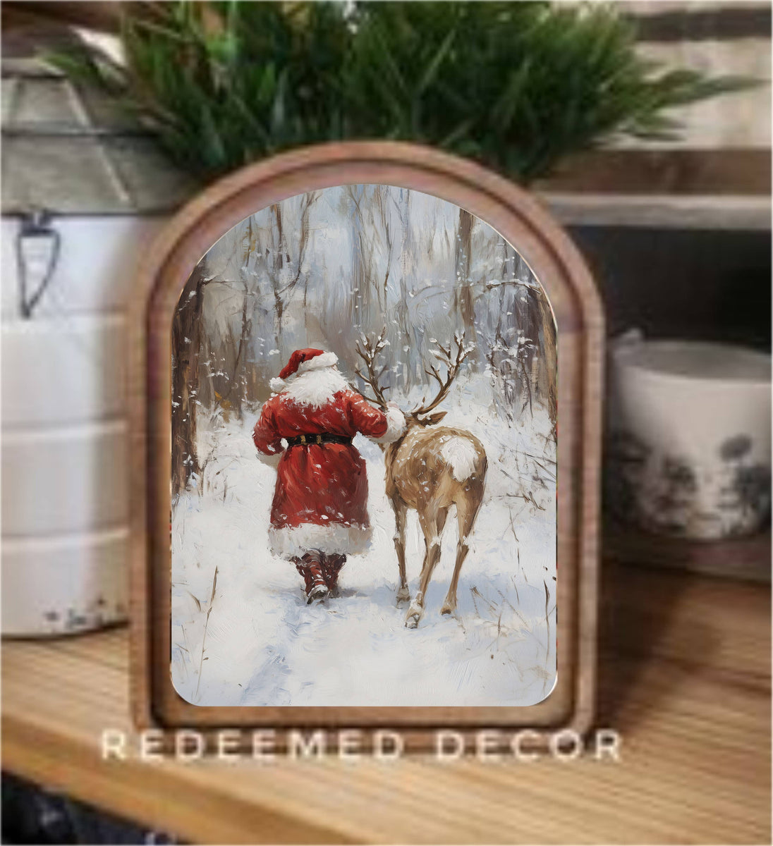 Arch Top "Santa With Reindeer" Framed Art – Summer’s Market Floral ...