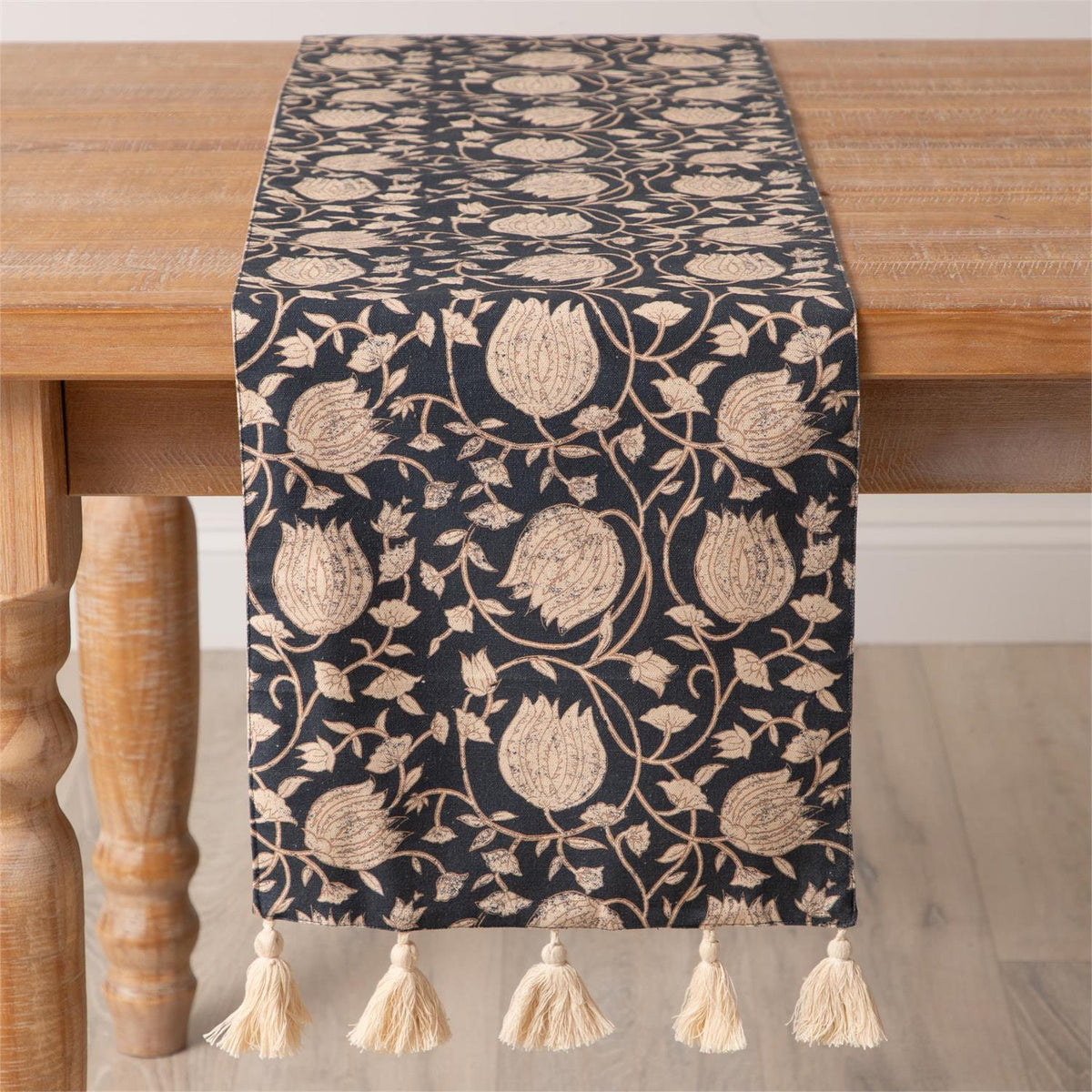 72" Floral Print Table Runner With Tassels, Navy – Summer’s Market ...